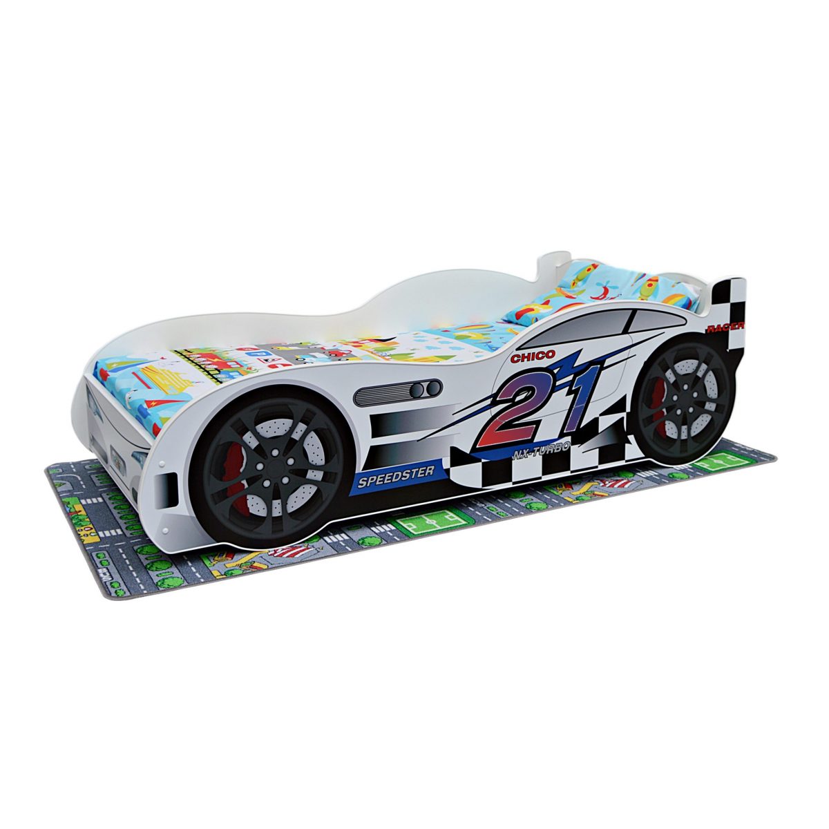 Toddler Bed White Racing Car Bed + Mattress 2-8Y – Toddler Beds Shop