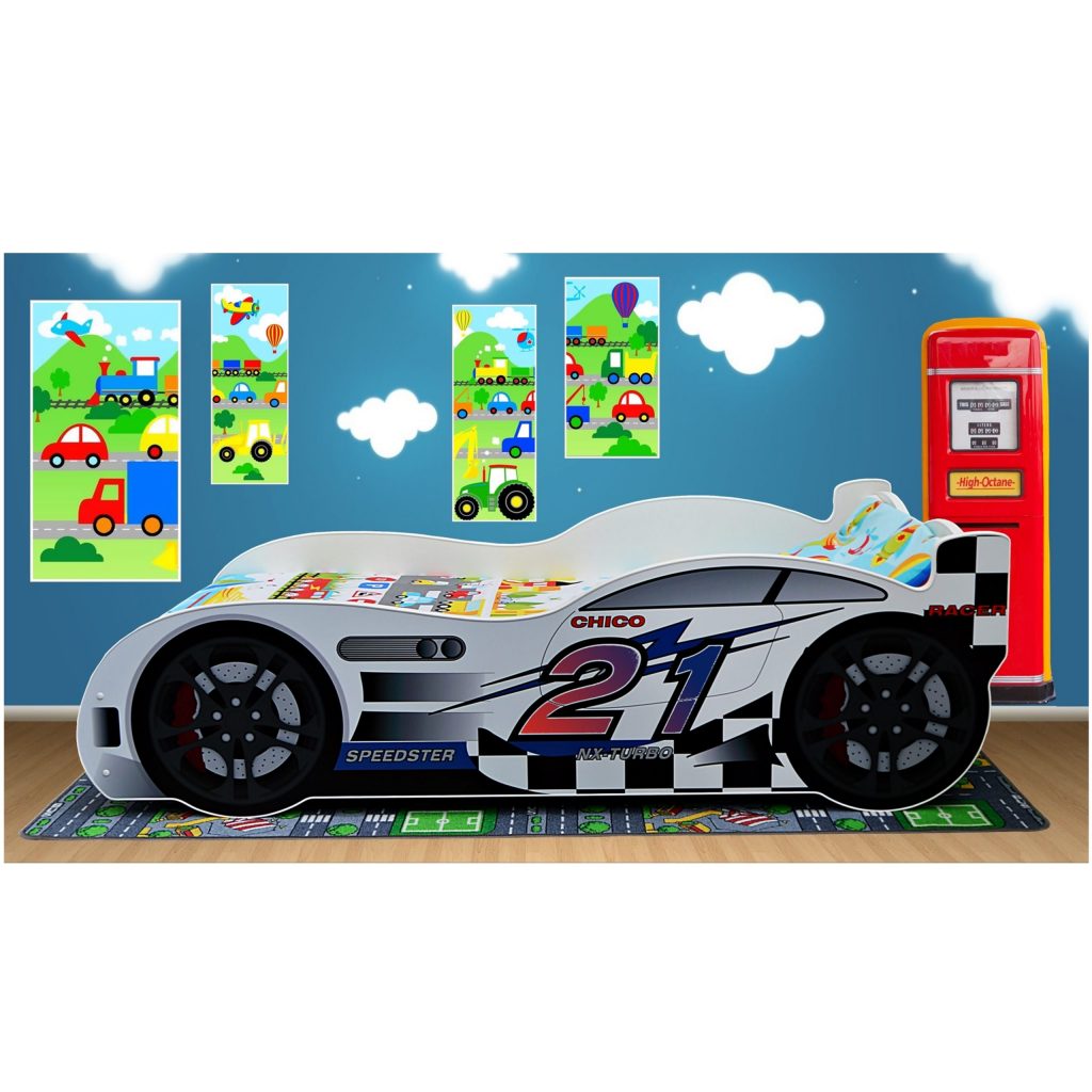 Toddler Bed White Racing Car Bed + Mattress 2-8Y – Toddler Beds Shop